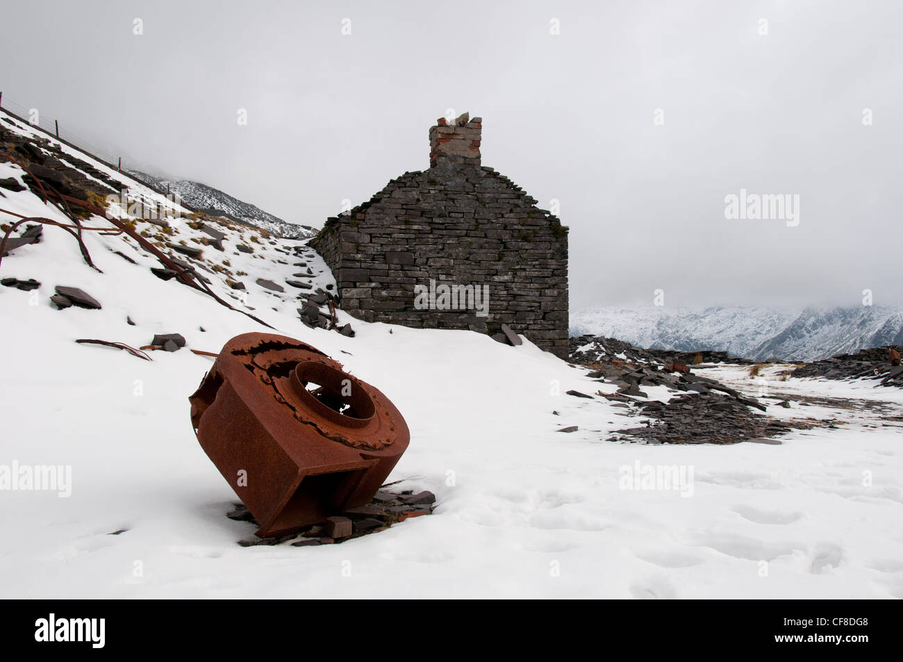Derelict buildings and waste slate in the disused quarry at Dinorwig ...