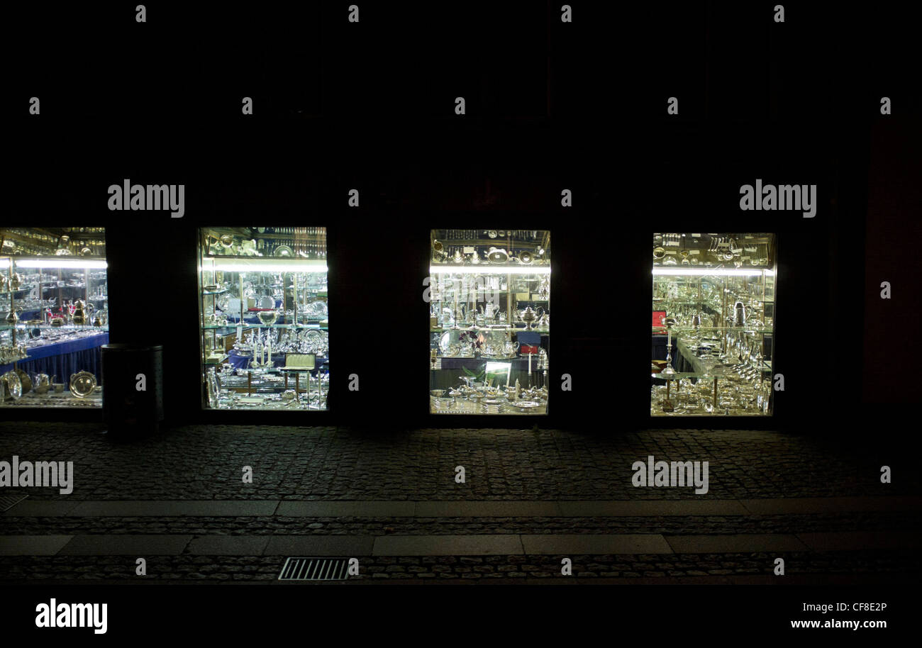 A shop window at night of a Danish silver jeweler's, Copenhagen ...
