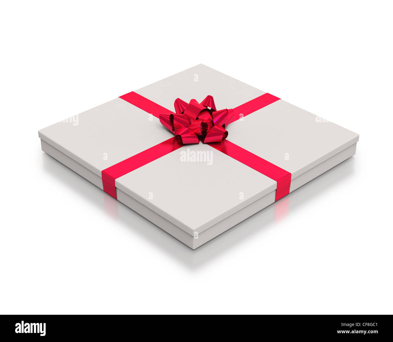 Square flat white gift box with red ribbons on white background Stock ...