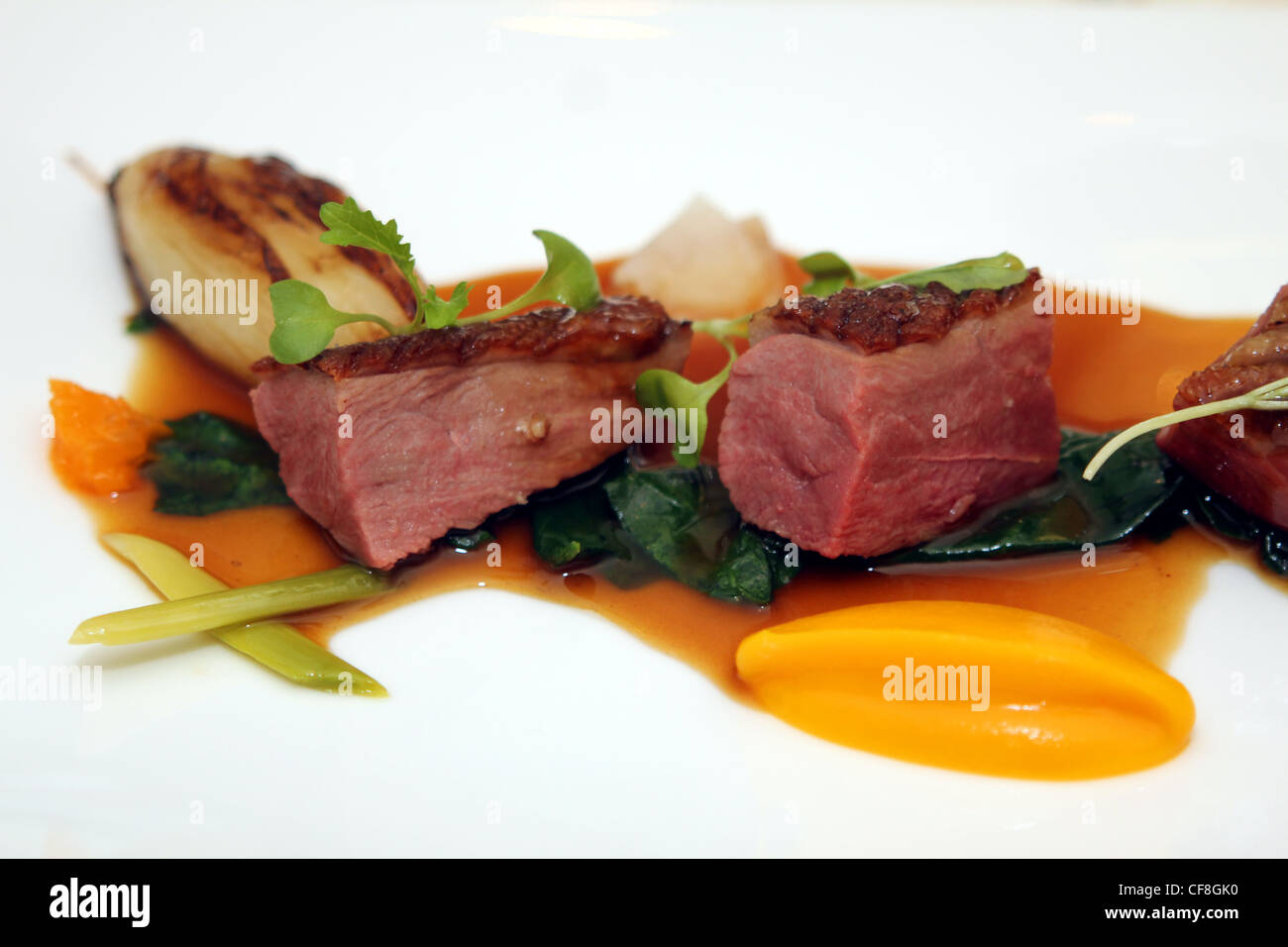 Roast breast of Goosenargh duck, chicory, mandarin curd, and jasmine ...