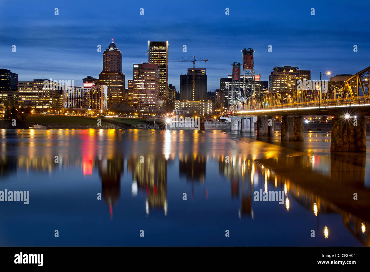 Portland Oregon Downtown City Skyline with Hawthorne Bridge along ...