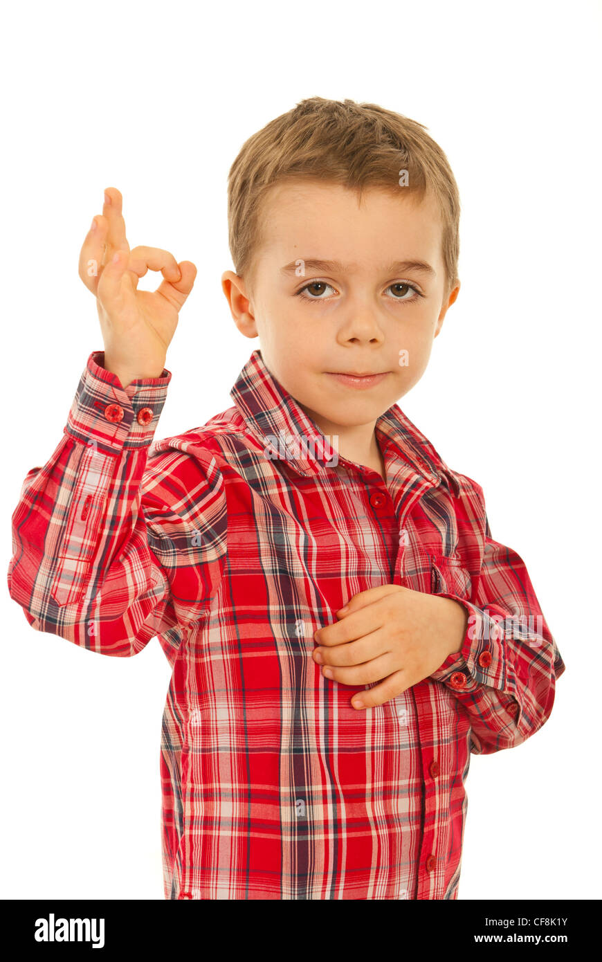 Little boy showing okay sign hand gesture isolated on white background ...