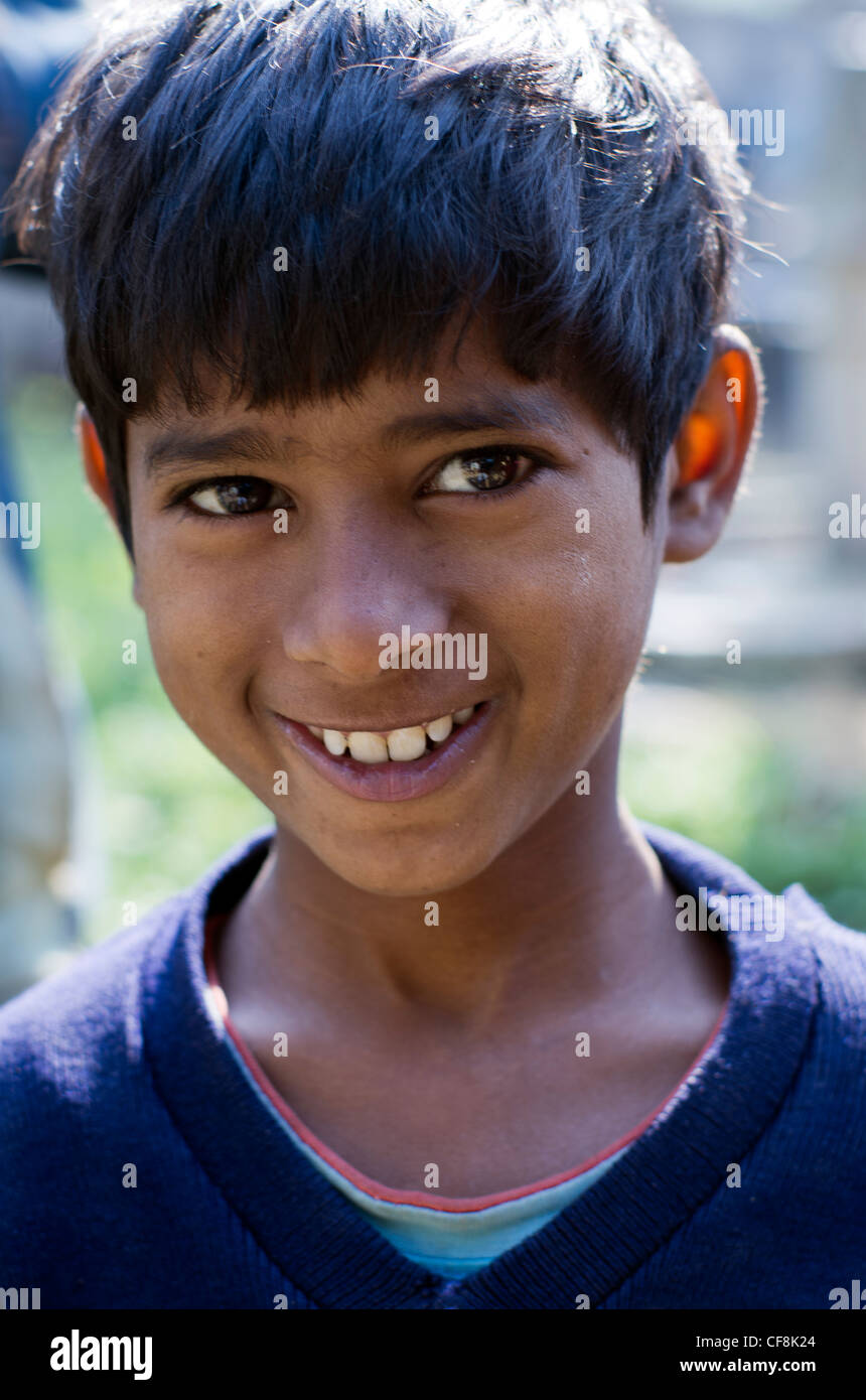 portrait of a shy boy in a village in Lavayan, Uttar Pradesh, India ...