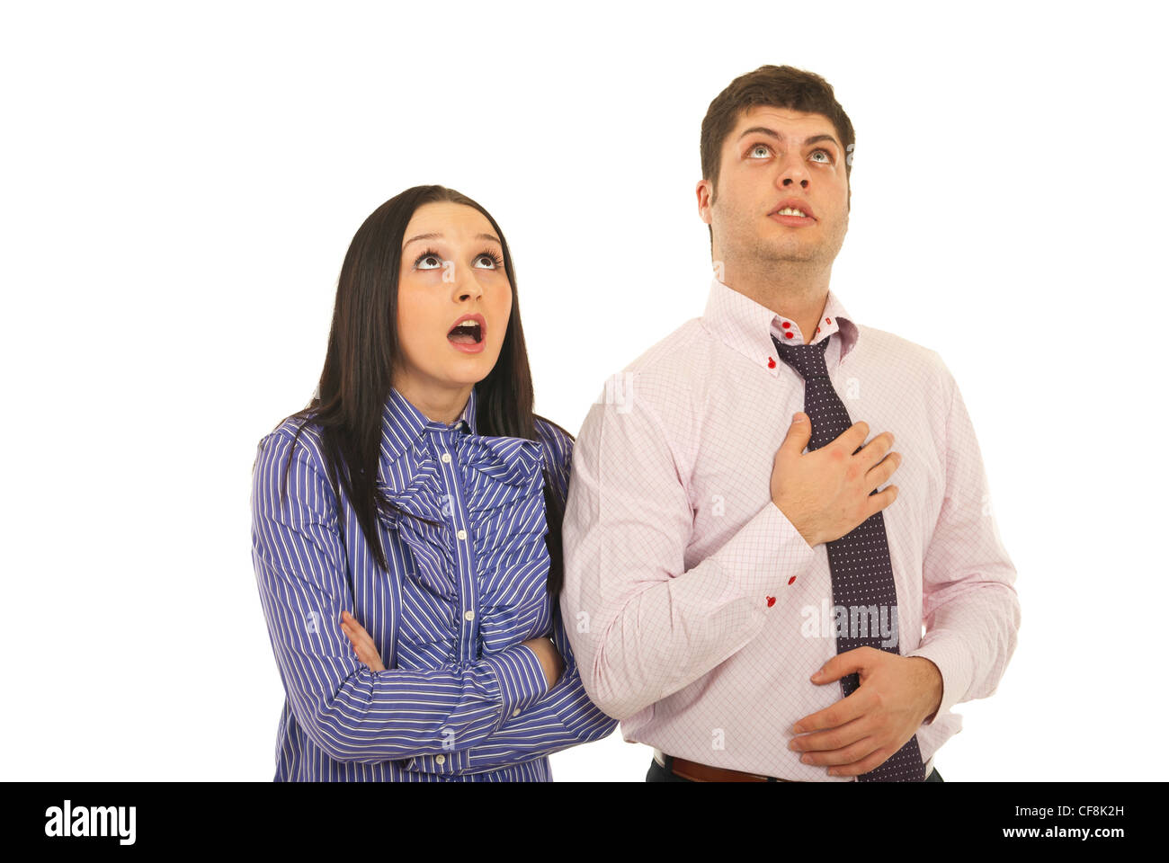 Amazed business people looking up isolated on white background Stock ...