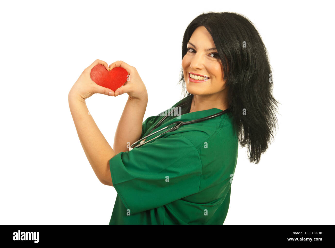 Happy health worker showing heart shape isolated on white background ...
