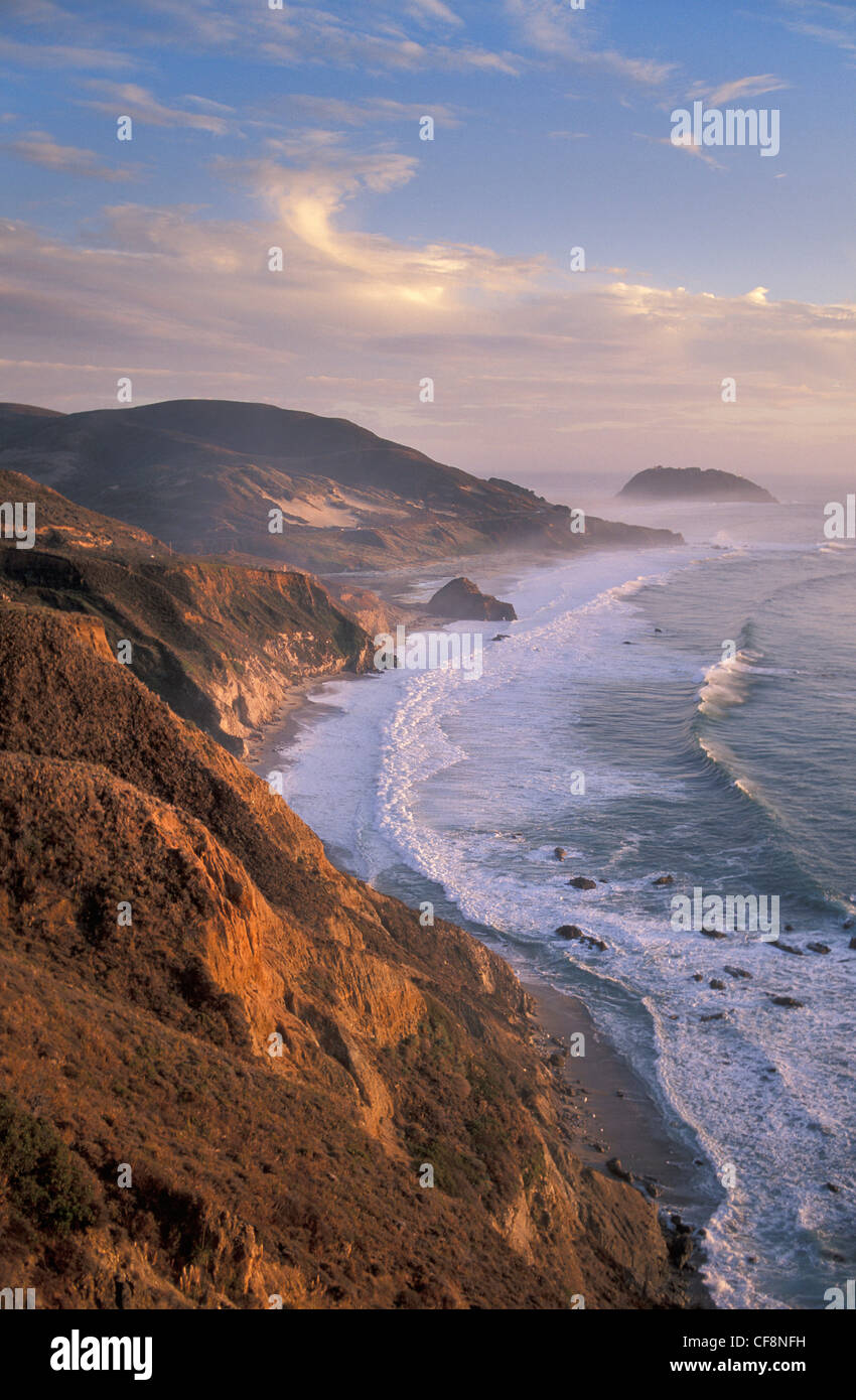 Sea, cliffs, sunset, Big Sur, Pacific coast, Fog, California, USA ...