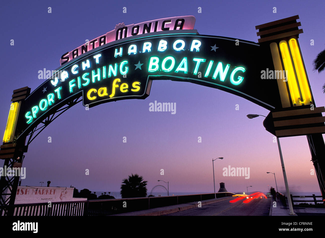 Neon sign, pier entrance, dusk, Santa Monica Pier, Los Angeles ...