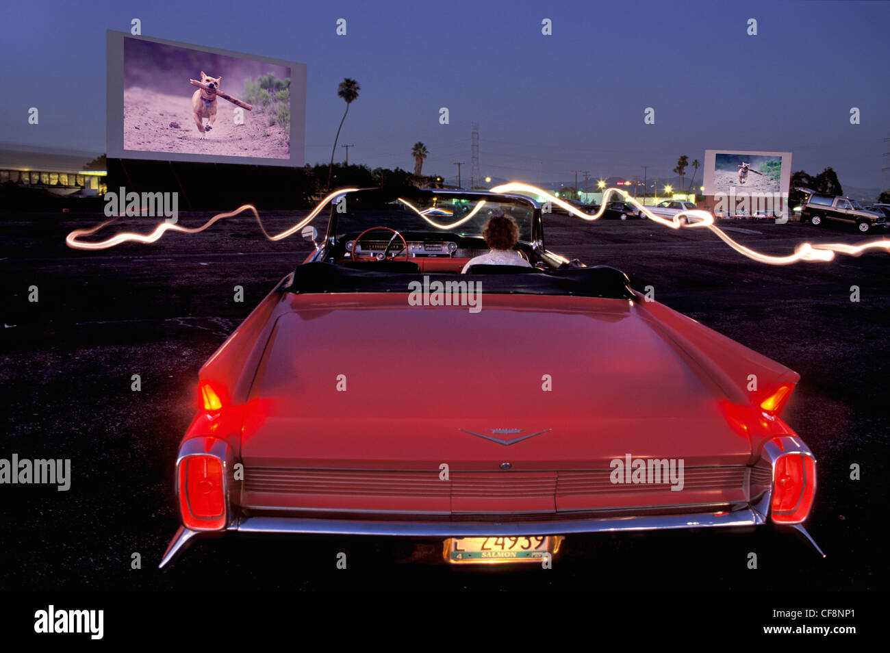 Drive in, Caddy, Cadillac, 1962, convertible, pink, dog, screen, movies ...