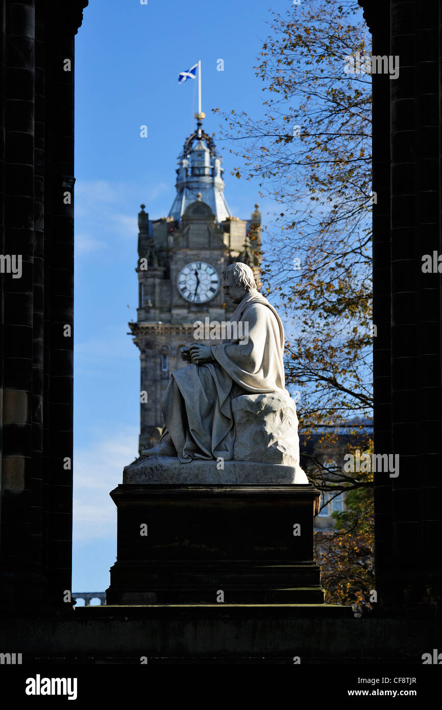 Statue of Sir Walter Scott with Balmoral Clock Tower in background ...