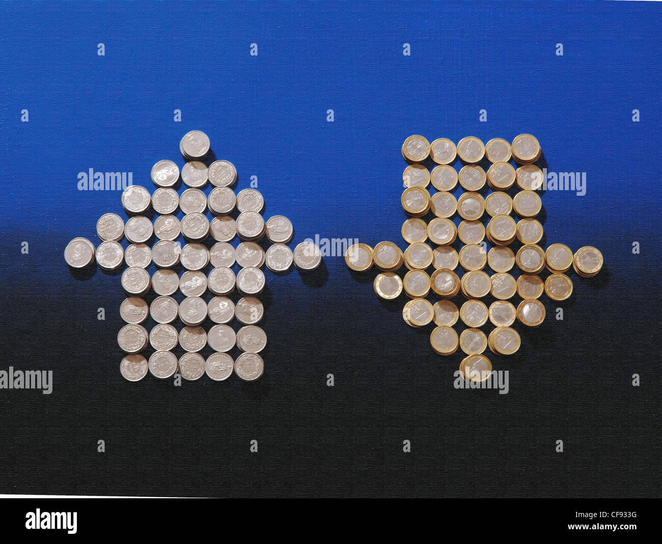 Money, Franc, euro, arrow, direction, on top, below, at, bottom, coins ...