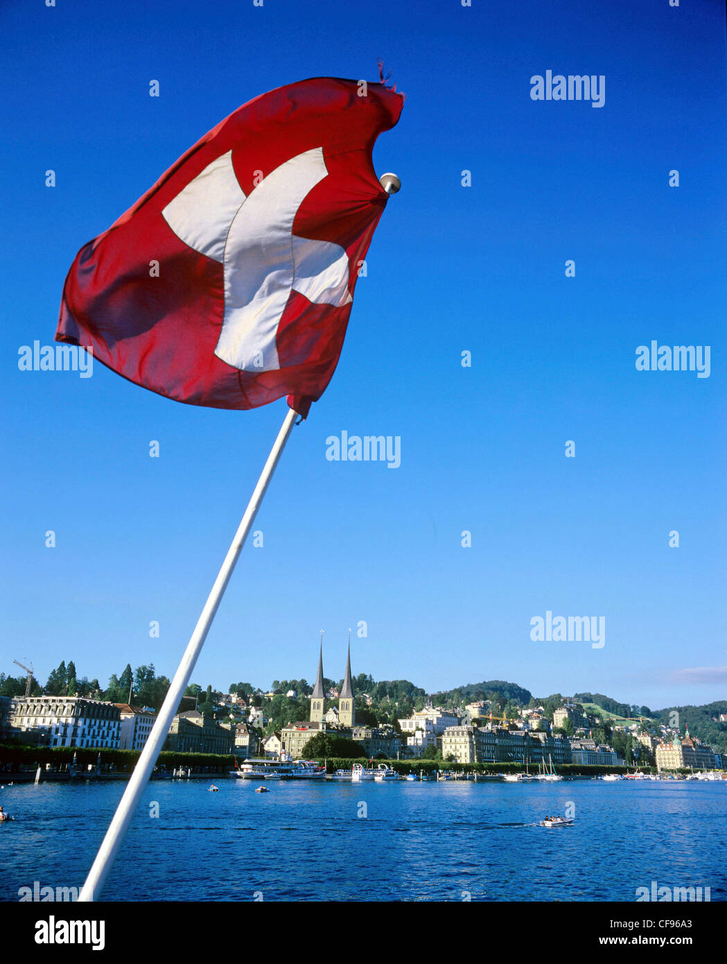 Switzerland, Europe, Luzern, lake, flag, city, water Stock Photo - Alamy