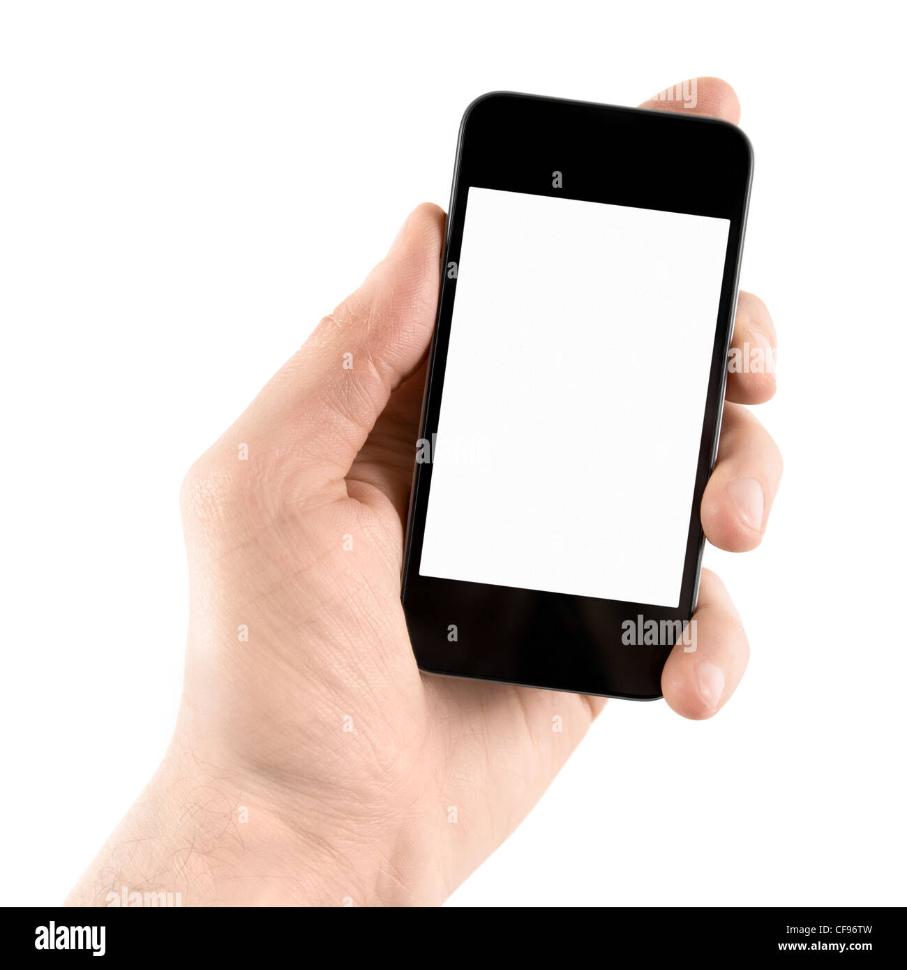 Hand holding mobile smart phone with blank screen. Isolated on white ...
