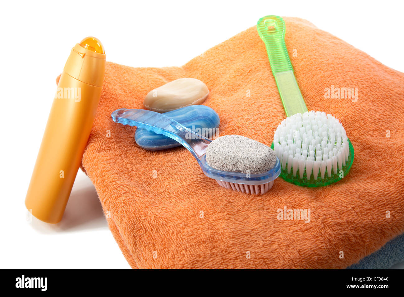 Washed shampoo bath towel and brushes on a white background Stock Photo ...