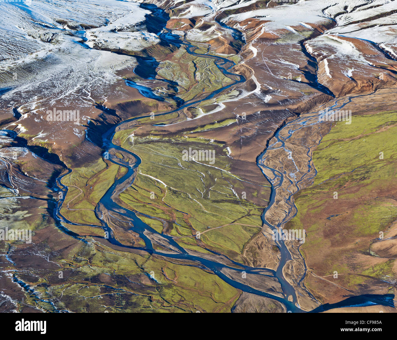 Aerial of Riverbed with moss and mountains, Emstrur Area. Iceland Area ...