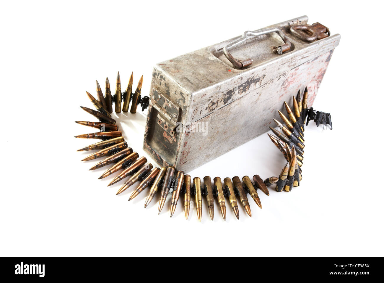 Machine-gun tape with cartridges of times Second World War on a white ...