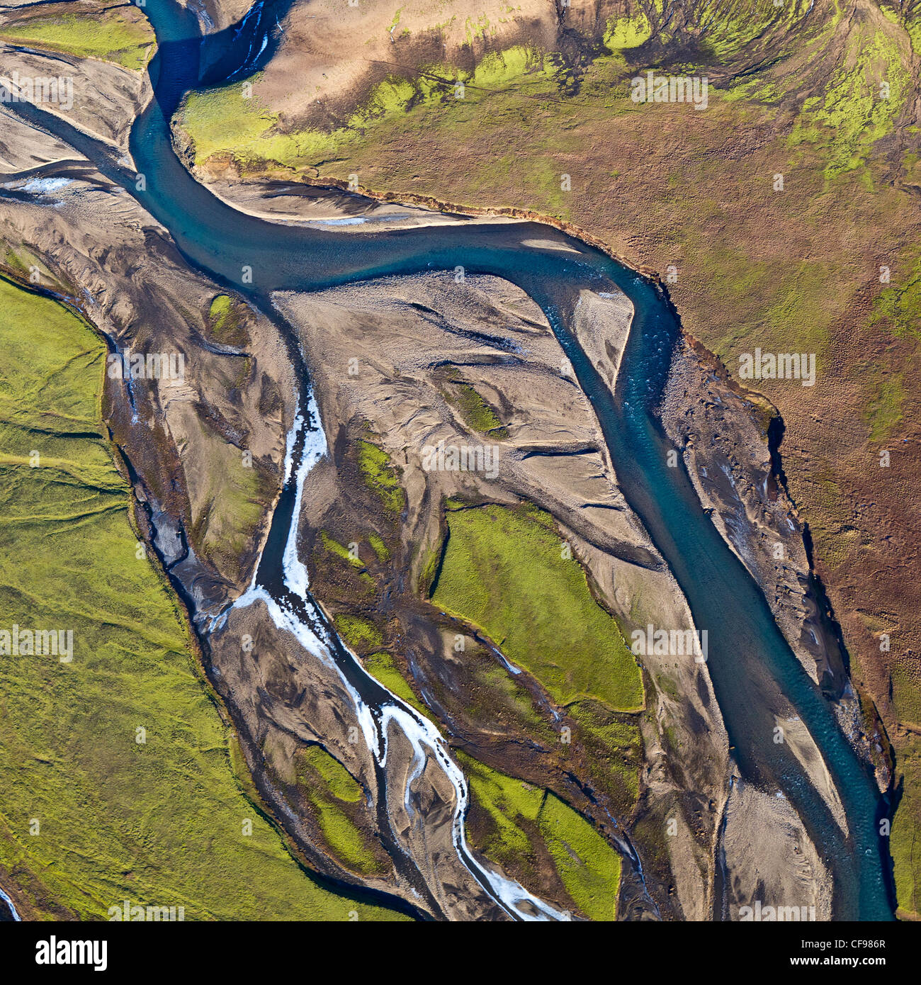 Aerial of Riverbed with moss and mountains, Emstrur Area. Iceland Area ...
