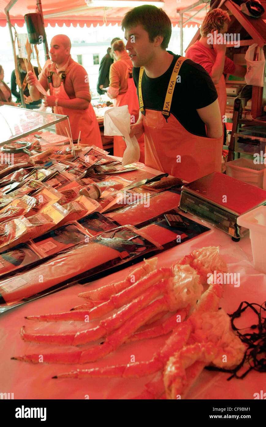 NORWAY Bergen Fish Market. Shellfish and packets of smoked fish for ...