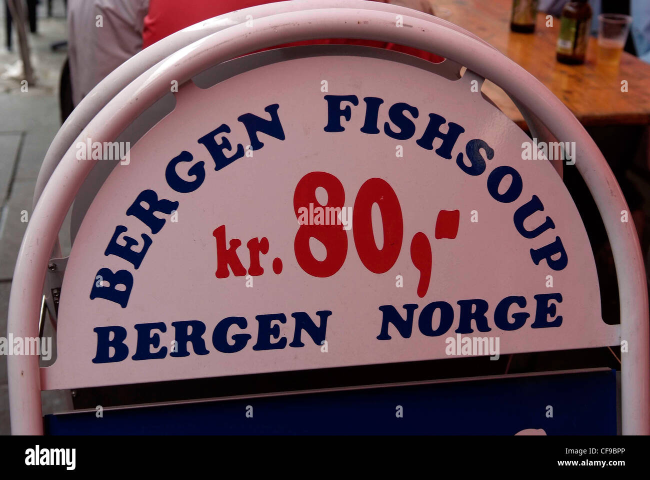NORWAY Bergen Fish Market sign selling Norwegian fish soup Stock Photo ...