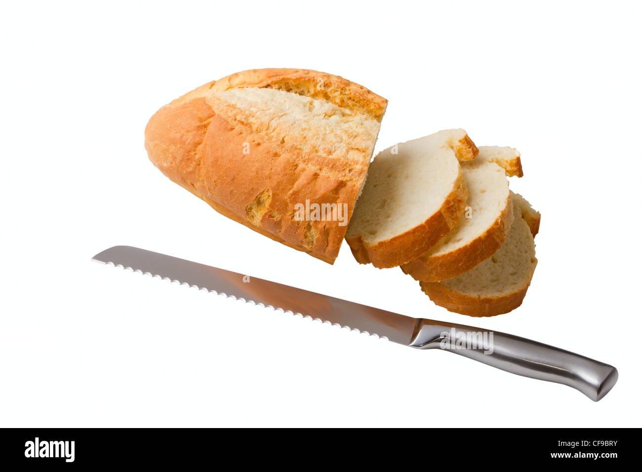 The bread cut by slices and knife for bread Stock Photo - Alamy