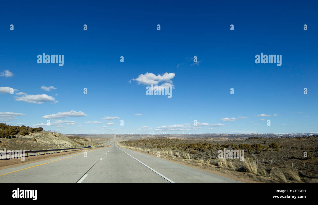 A big sky over Interstate 80 in southern Wyoming in early spring, with ...