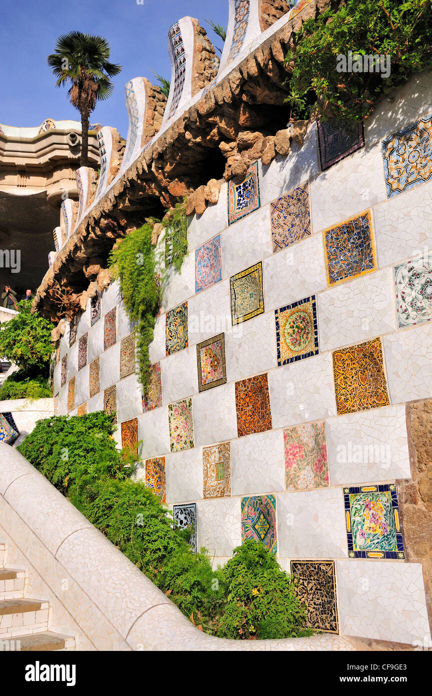Barcelona, Spain. Park Guell (Antoni Gaudi, 1914) Tiles by the main ...
