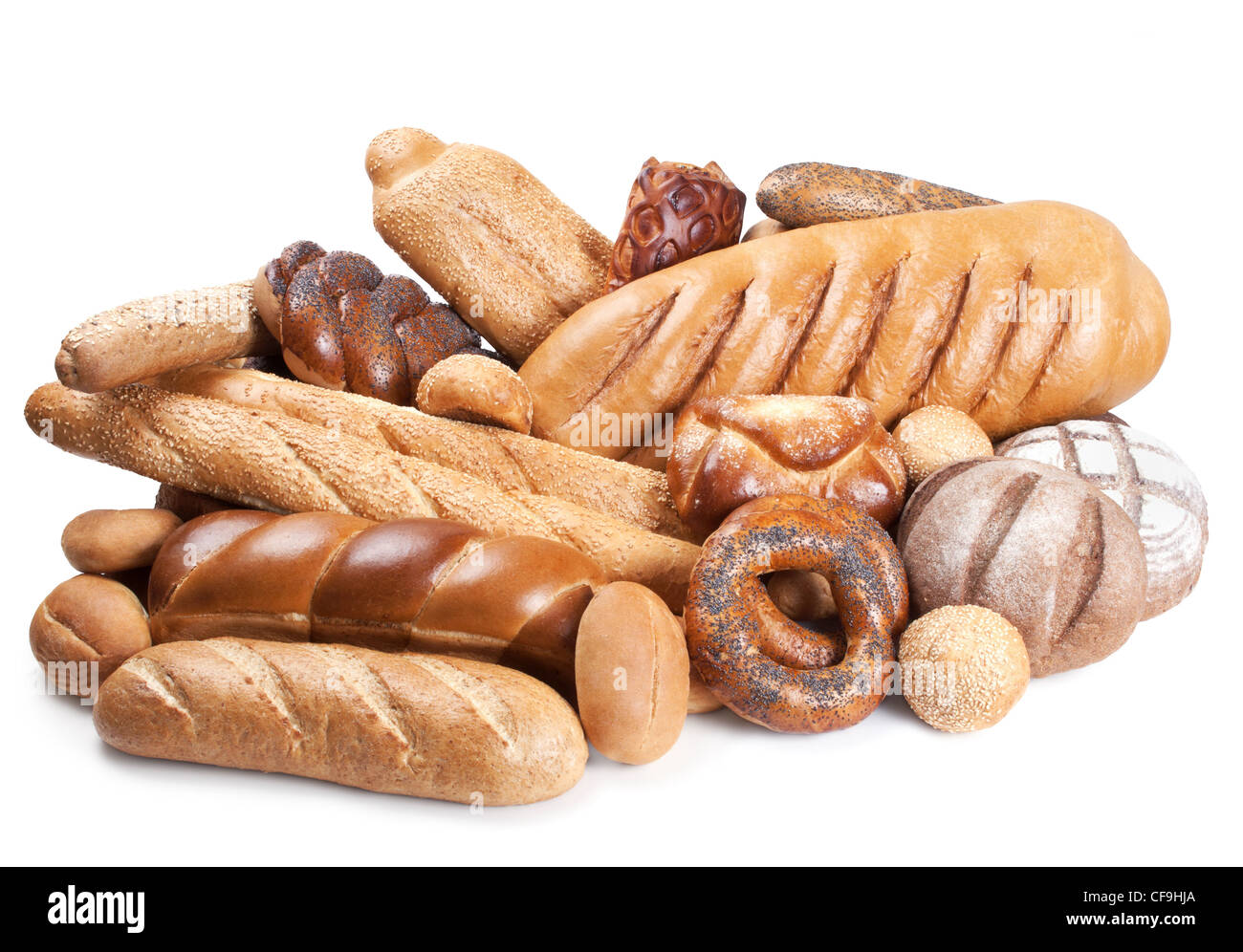 Still life of bakery products isolated on white background Stock Photo ...