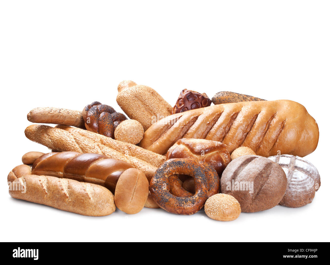 Still life of bakery products isolated on white background Stock Photo ...