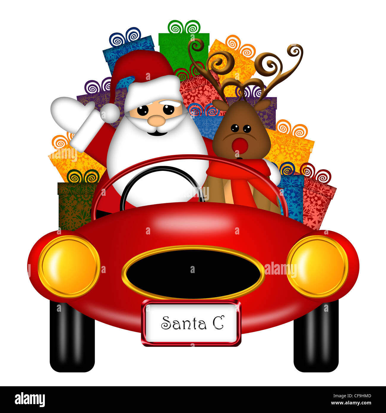 Santa Claus and Reindeer in Red Sports Car Delivering Presents Isolated ...