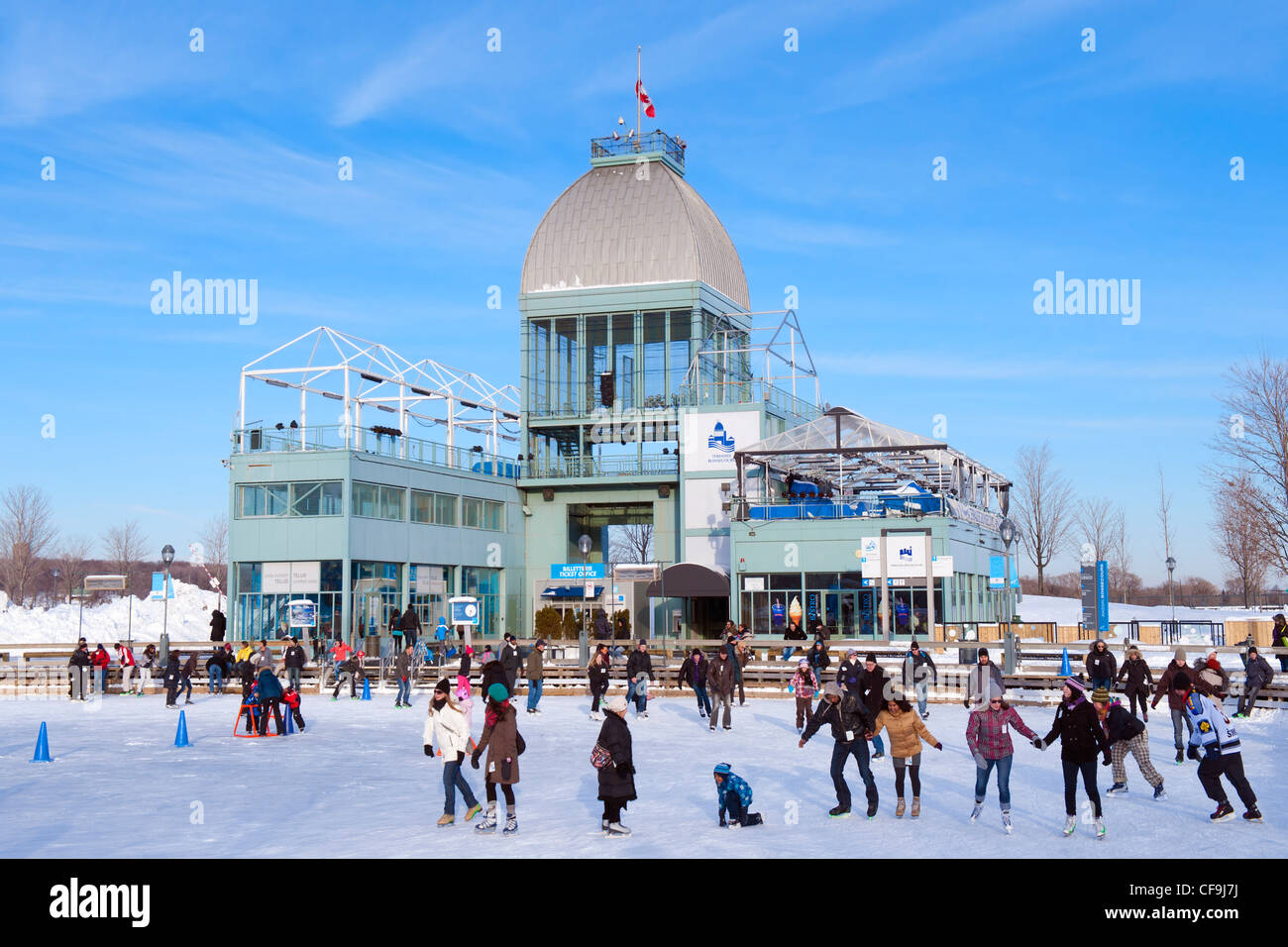 Ice skaters on frozen Bonsecours basin, Old Montreal, province of ...