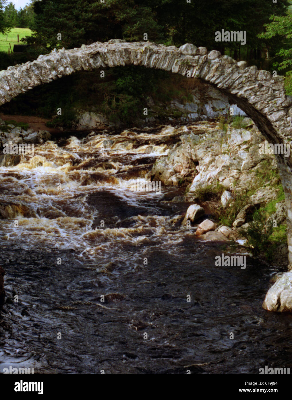 The 1715 stone bridge at Carrbridge, crossing the river Dulnain Stock ...