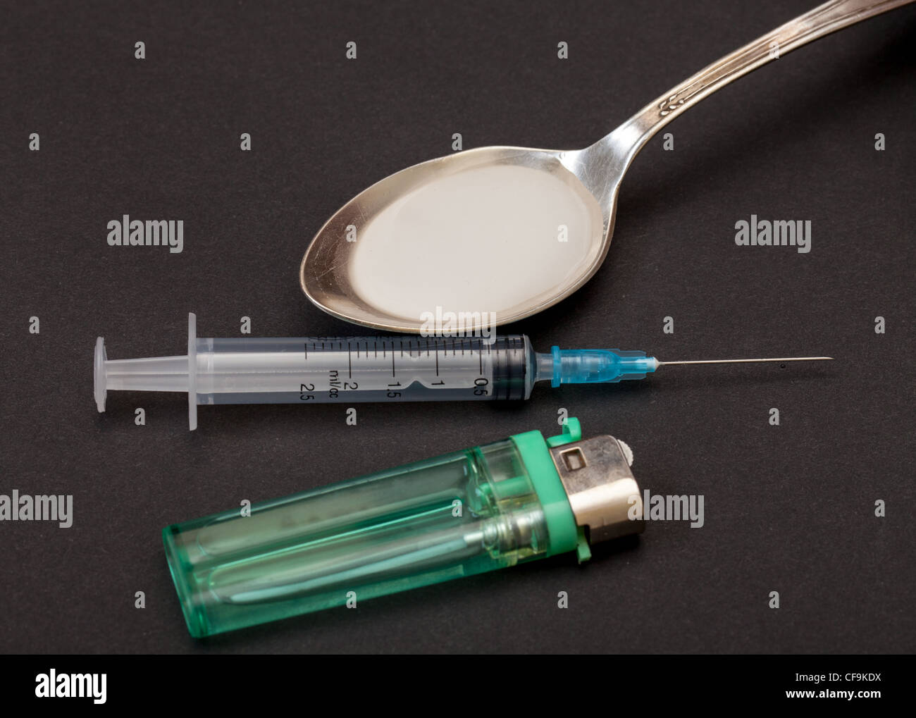 Syringe, spoon, heroin and lighter, concept of addiction Stock Photo ...