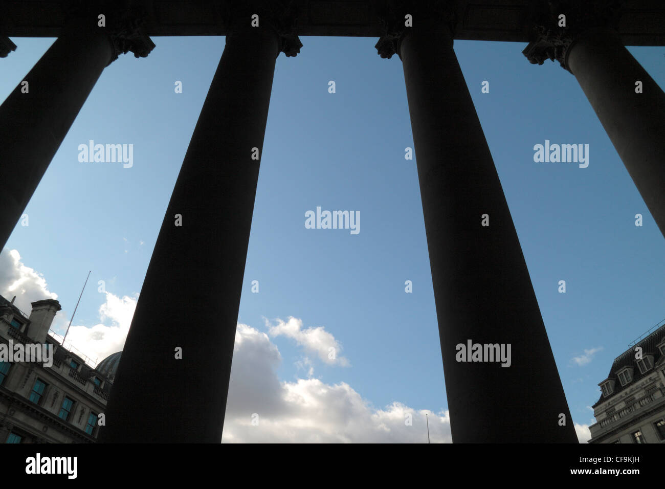 View through the tall stone columns of the Royal Exchange building on ...