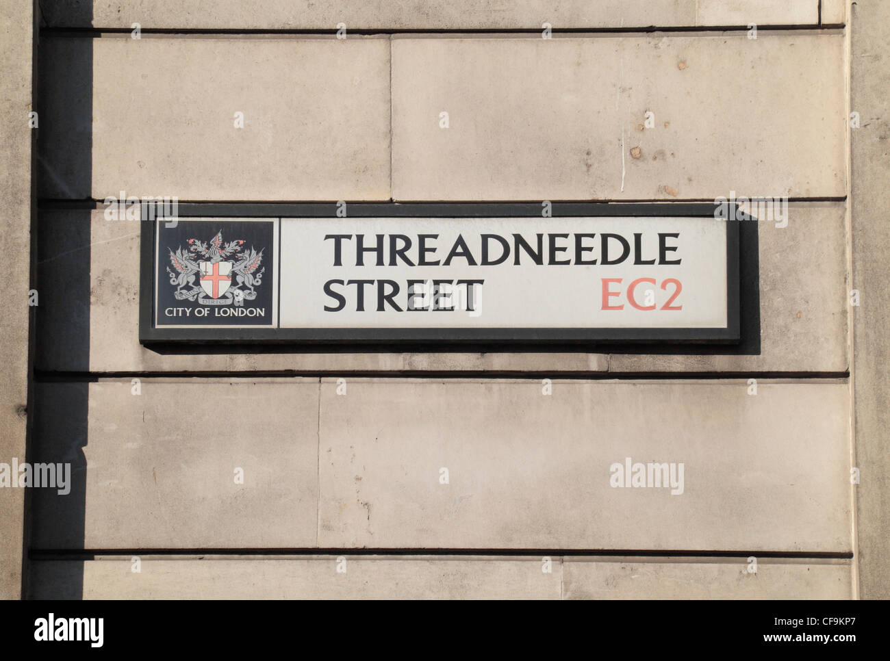 A standard City of London road sign for Threadneedle Street, EC2 in the ...