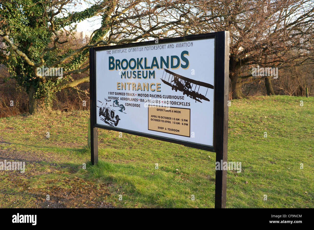 Entrance sign to Brooklands Museum at Weybridge, Surrey, UK. Home of ...