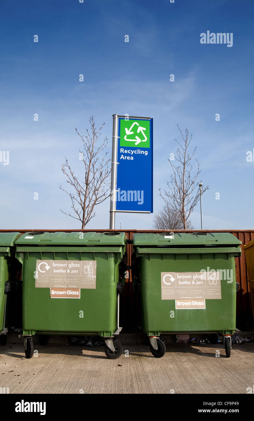 Two glass recycle bins in a recycling area, Cambridge UK Stock Photo ...