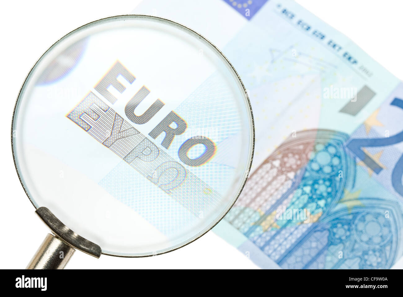 Euro note with magnifying glass - shows Euro text in roman and greek ...