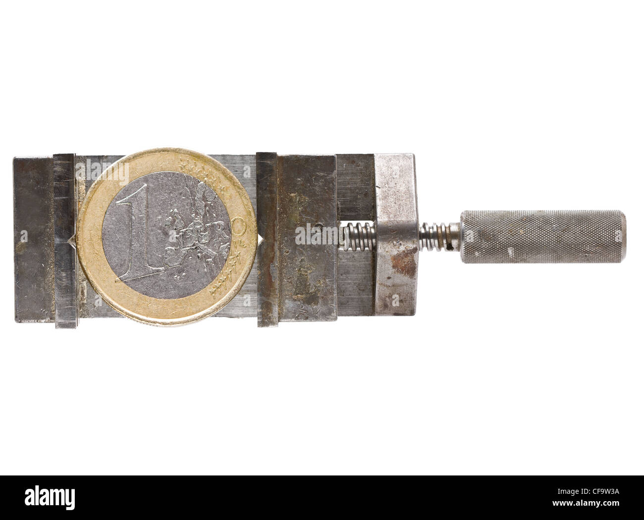 Euro coin in bench vice isolated on white background Stock Photo - Alamy