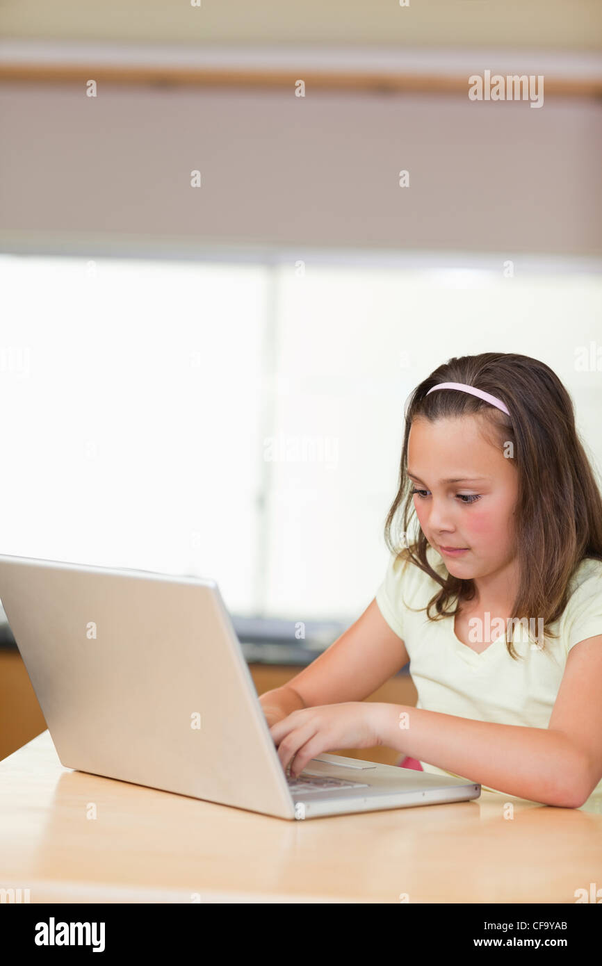 Girl typing on laptop in the kitchen Stock Photo - Alamy