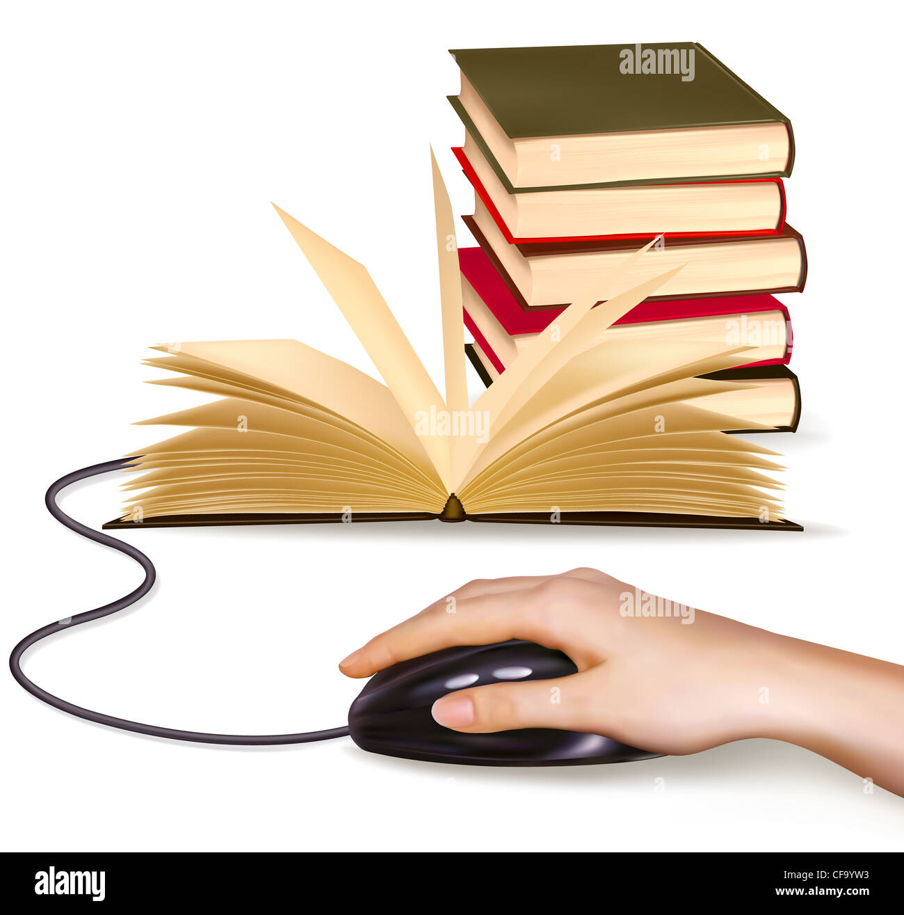 Hand with computer mouse and books. Internet education concept Stock ...
