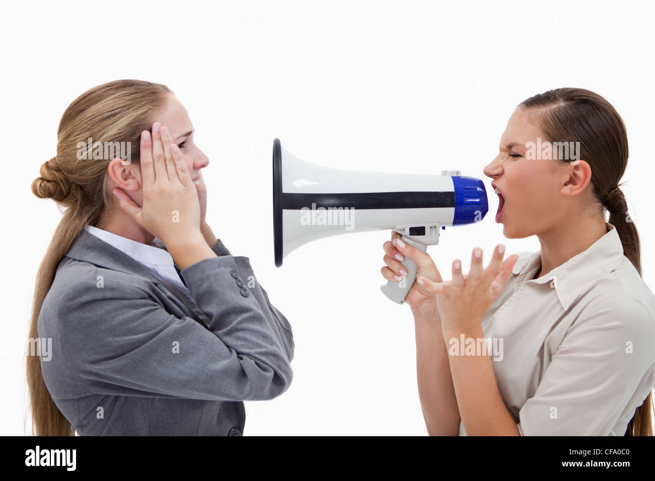 Manager yelling at her employee through a megaphone Stock Photo - Alamy