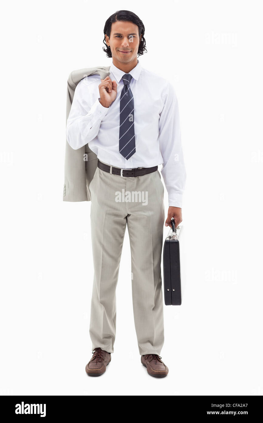 Portrait of an office worker holding his jacket over his shoulder and a ...