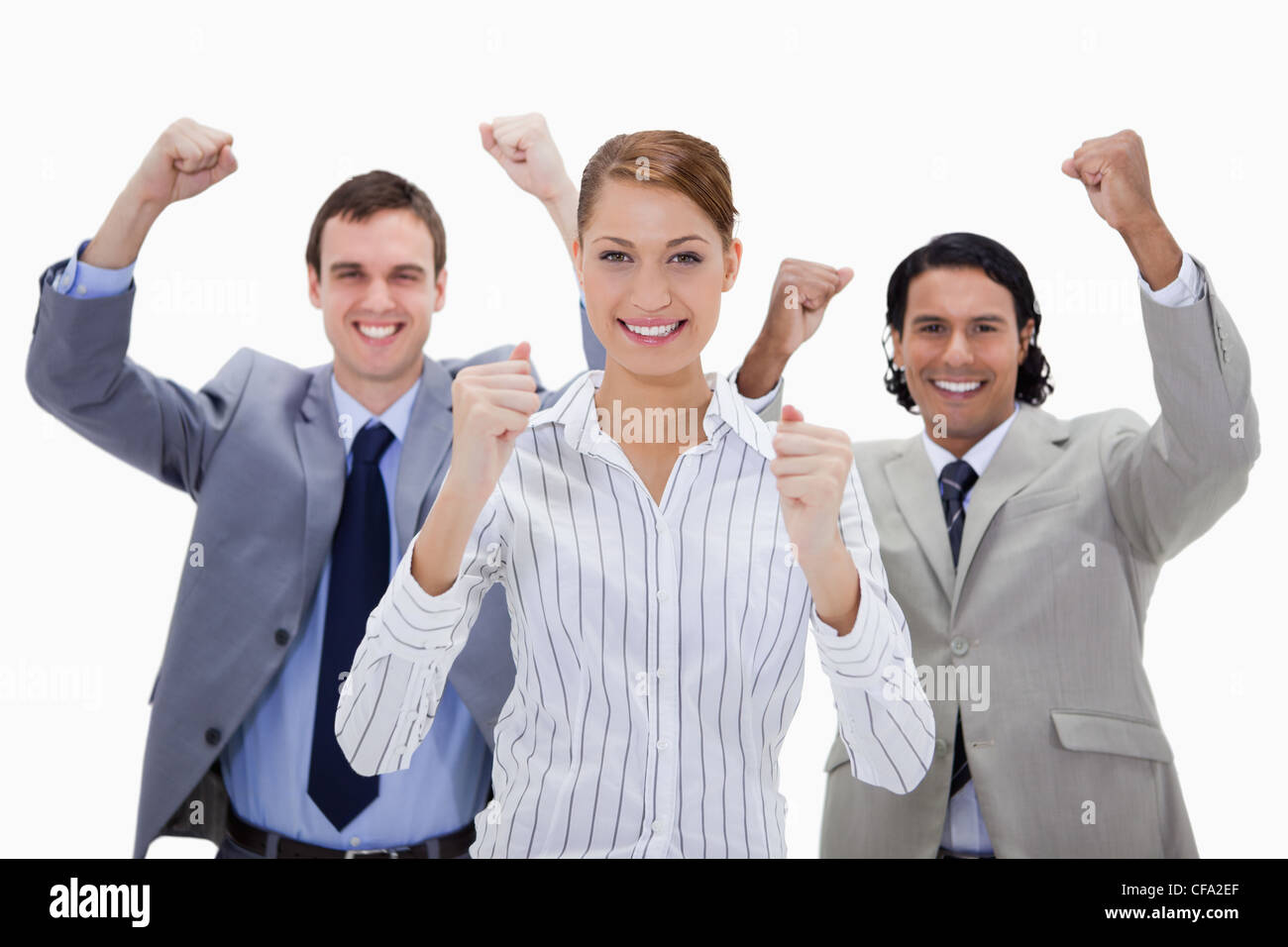 Business team with arms raised Stock Photo - Alamy