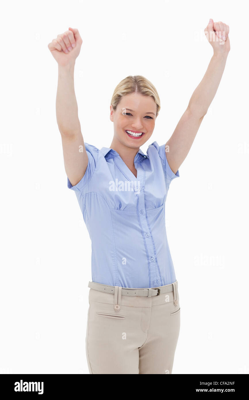 Happy cheering woman Stock Photo - Alamy