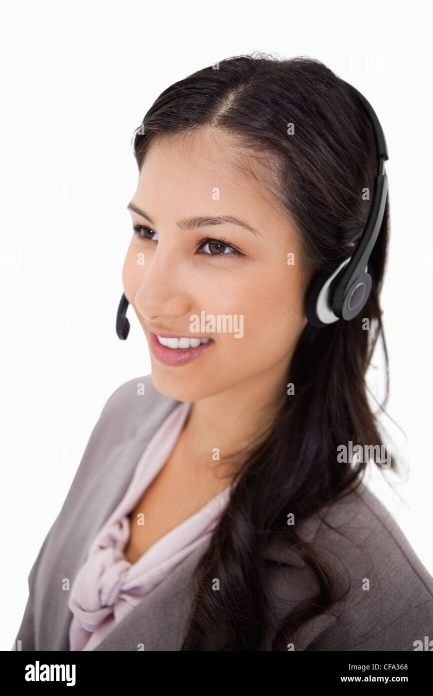 Smiling female call center agent at work Stock Photo - Alamy