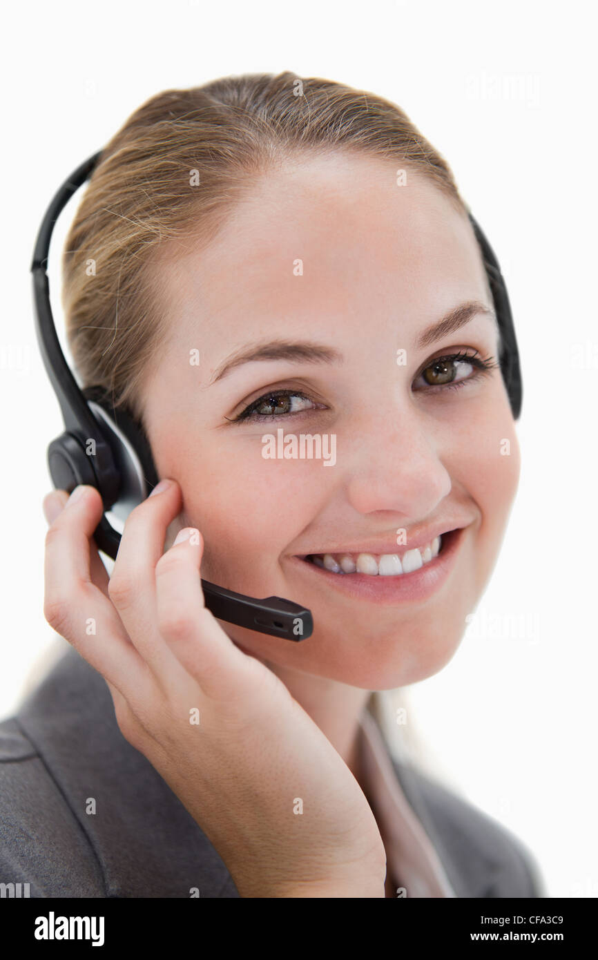 Happy smiling call center agent at work Stock Photo - Alamy
