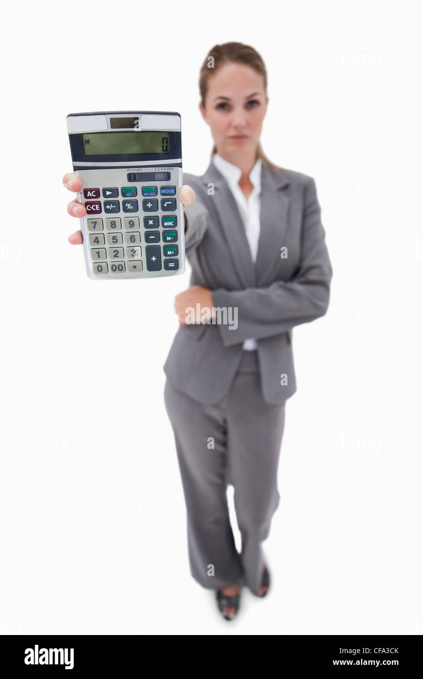 Bank employee showing calculator hi-res stock photography and images ...