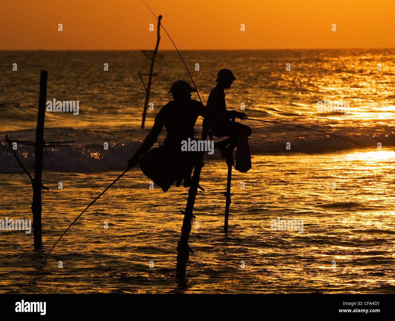 Stilt fishermen standing on their poles during sunset in Midigama Stock ...