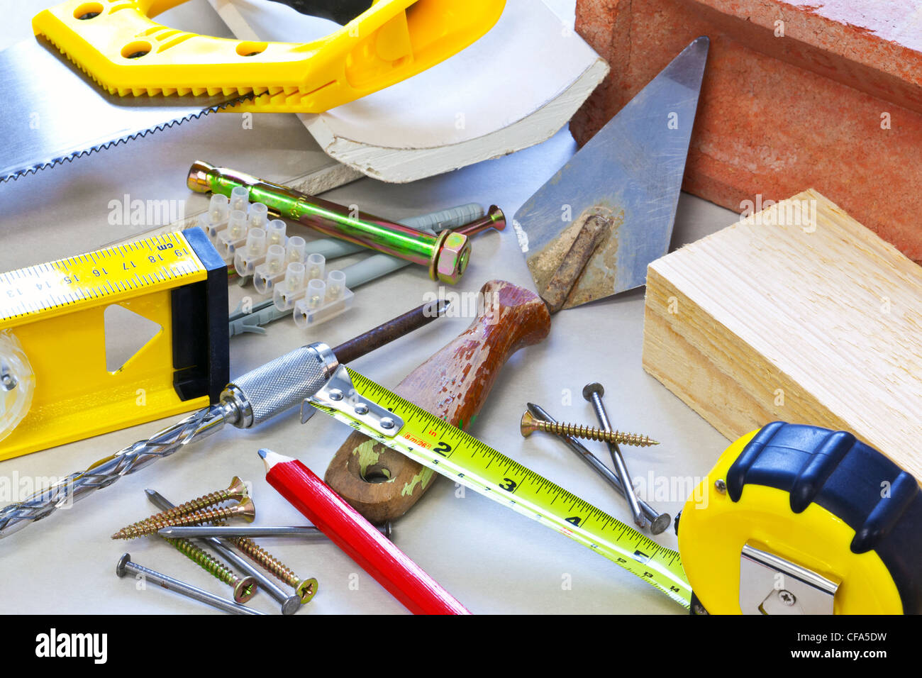 Still life photo of building tools and materials Stock Photo - Alamy