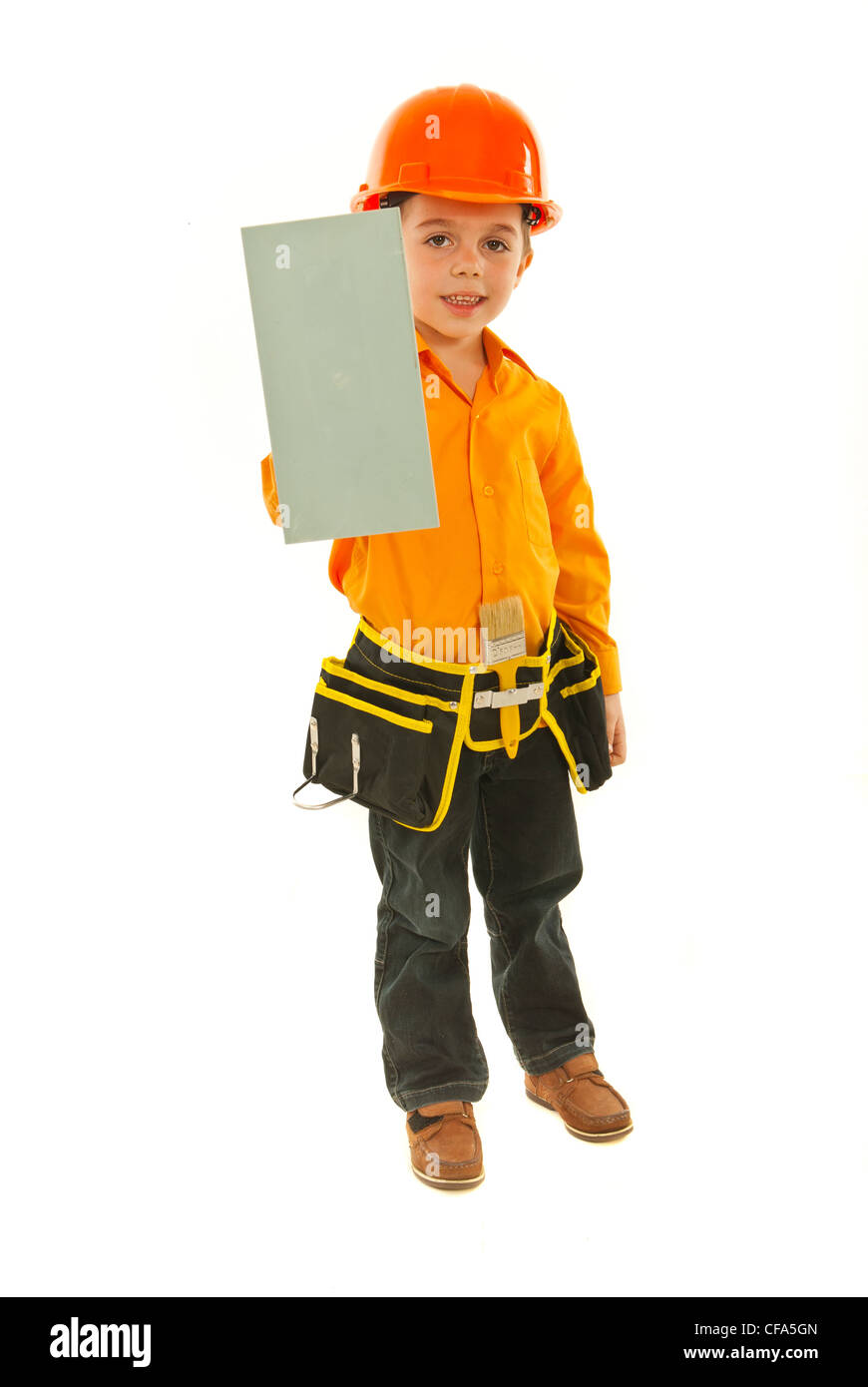 Builder boy holding notched isolated on white background Stock Photo ...