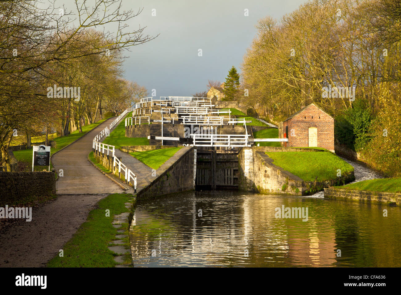 Leeds and Liverpool canal at Bingley five rise locks, West Yorkshire ...